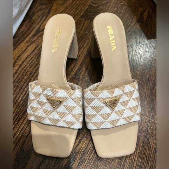 Prada | Shoes | Prada Beige And White Slide Heels | Poshmark